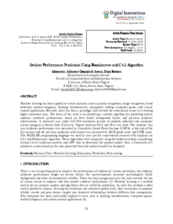 (PDF) Student Performance Prediction Using Randomtree and C4.5 Algorithm