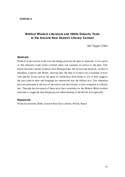 (PDF) Biblical Wisdom Literature and Hittite Didactic Texts in the ...