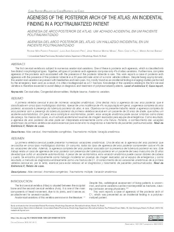 (PDF) AGENESIS OF THE POSTERIOR ARCH OF THE ATLAS: AN INCIDENTAL ...