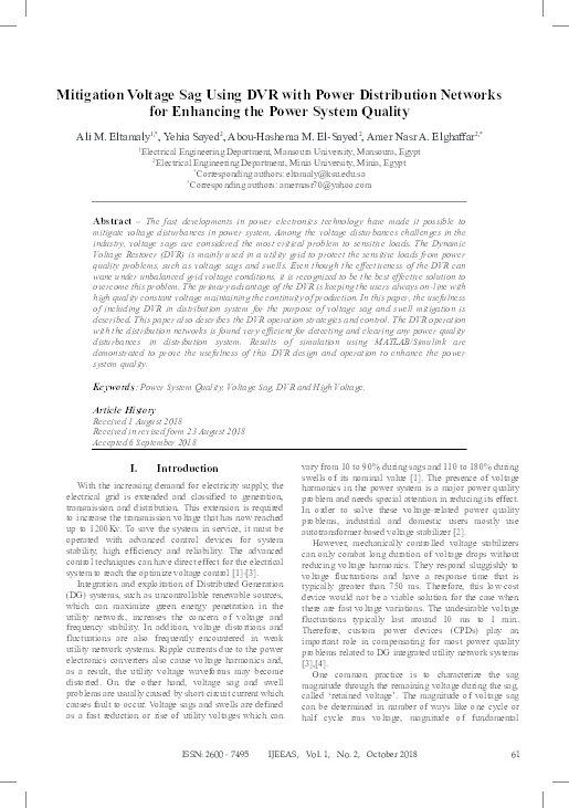 Pdf Mitigation Voltage Sag Using Dvr With Power Distribution Networks