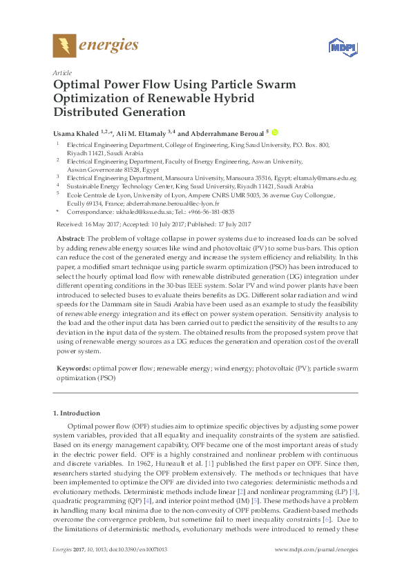 Pdf Optimal Power Flow Using Particle Swarm Optimization Of Renewable Hybrid Distributed