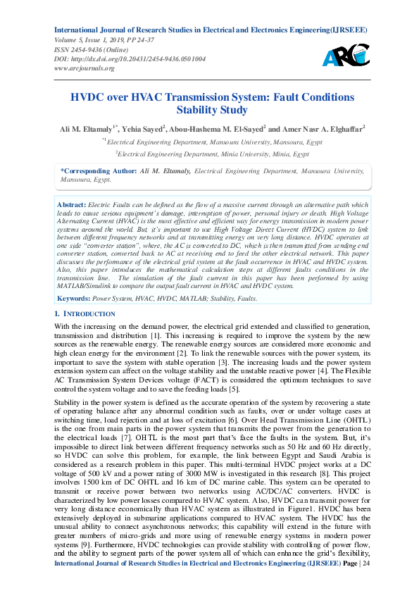 (PDF) HVDC over HVAC Transmission System- Fault Conditions Stability Study