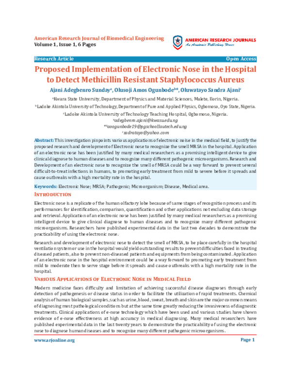 (PDF) Proposed Implementation of Electronic Nose in the Hospital to Detect Methicillin Resistant ...