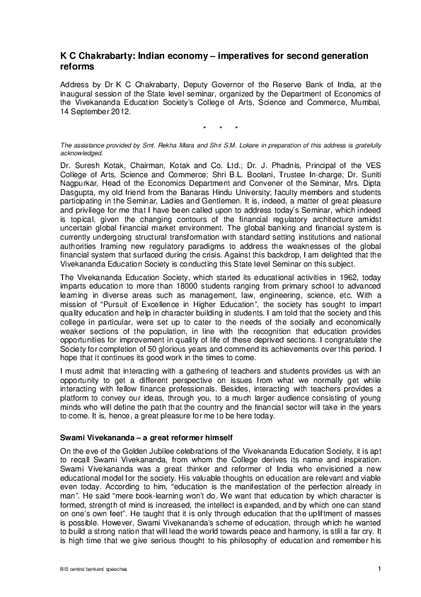 (PDF) BIS central bankers' speeches K C Chakrabarty: Indian economy -imperatives for second ...