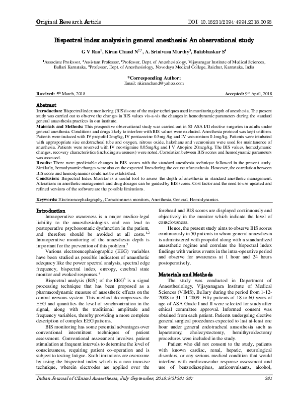 (PDF) Bispectral index analysis in general anesthesia: An observational ...