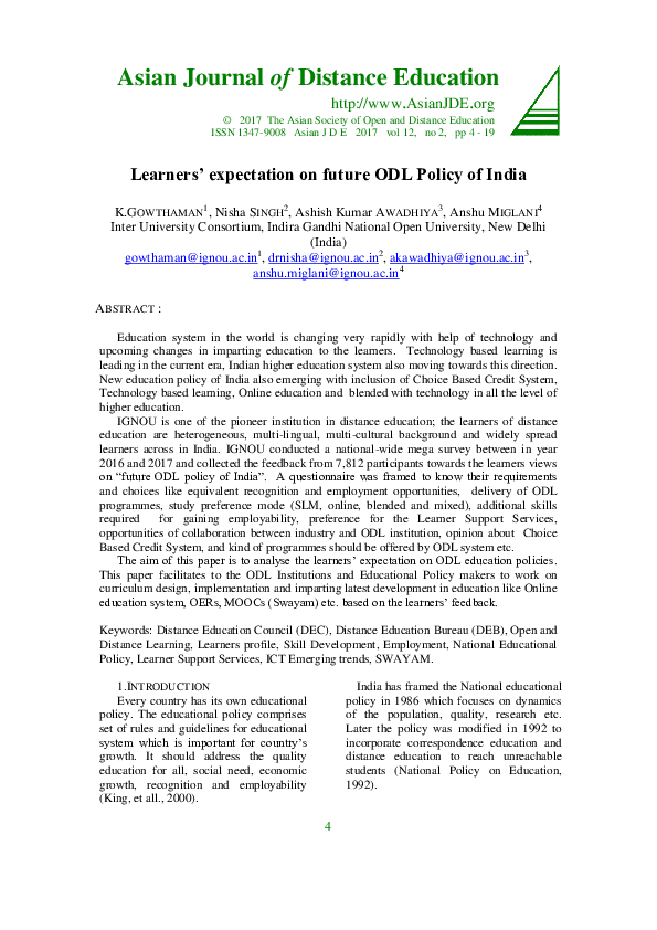 (PDF) Asian Journal of Distance Education Learners' expectation on ...