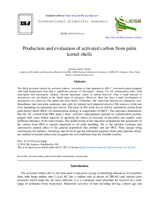 (PDF) Production and evaluation of activated carbon from palm kernel shells