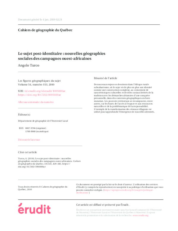 (PDF) Le sujet post-identitaire : nouvelles géographies sociales des ...