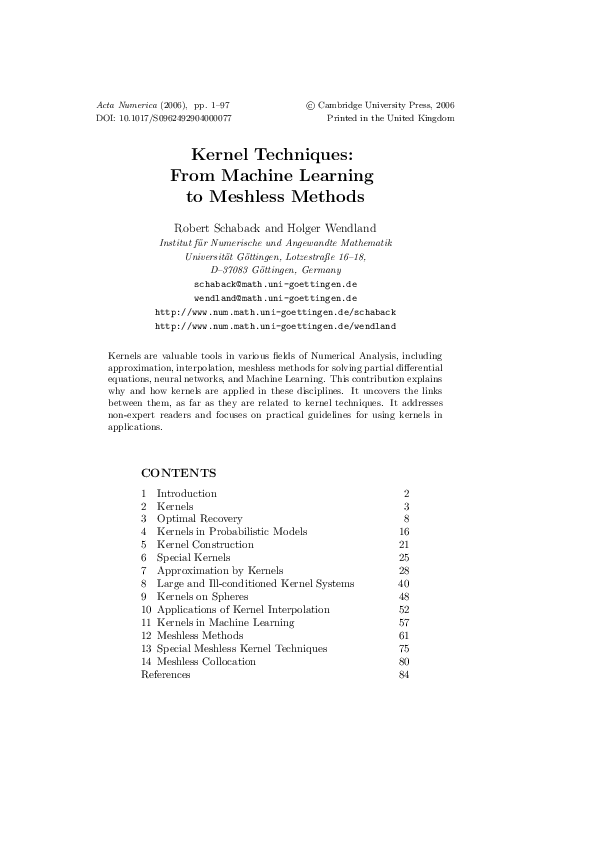 (PDF) Kernel Techniques: From Machine Learning to Meshless Methods