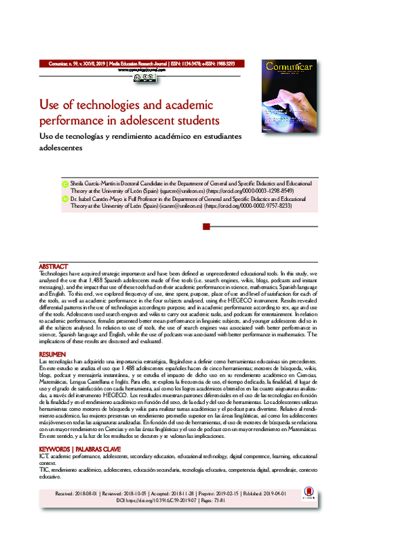 (PDF) Use of technologies and academic performance in adolescent students