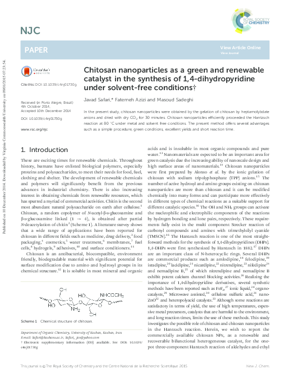 (PDF) Chitosan nanoparticles as a green and renewable catalyst in the synthesis of 1,4 ...