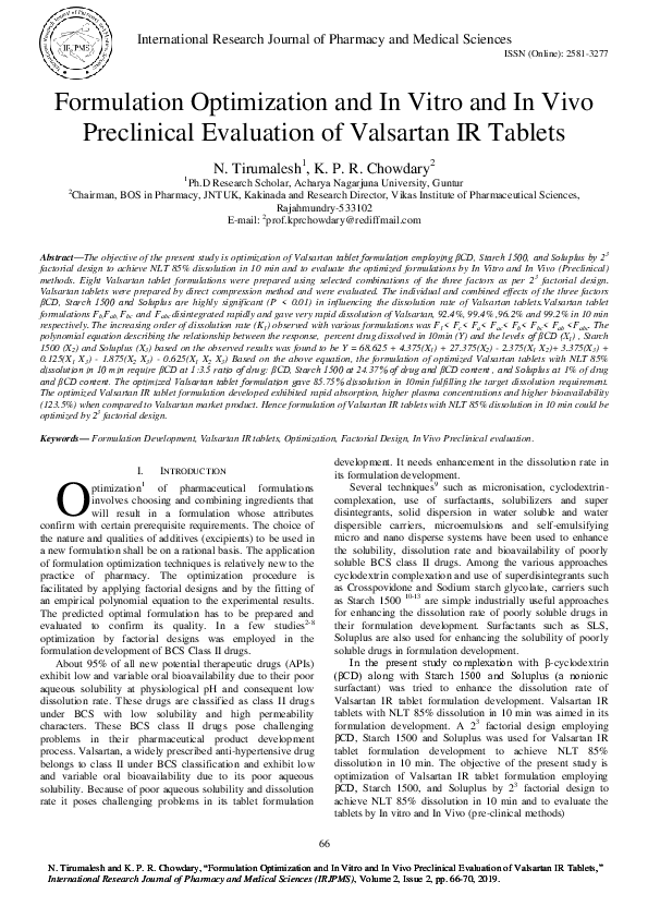 Pdf Formulation Optimization And In Vitro And In Vivo Preclinical Evaluation Of Valsartan Ir