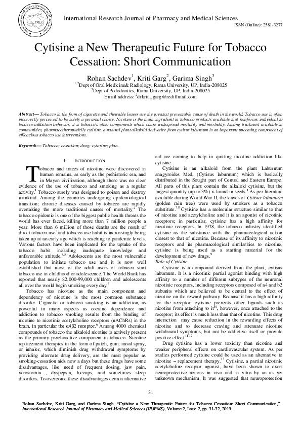 (PDF) Cytisine a New Therapeutic Future for Tobacco Cessation: Short ...
