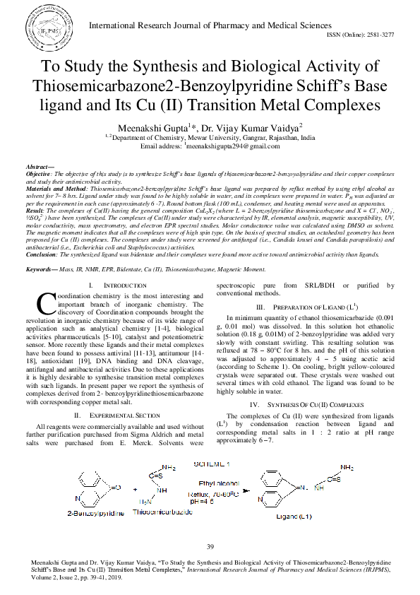 (PDF) To Study the Synthesis and Biological Activity of Thiosemicarbazone2-Benzoylpyridine ...