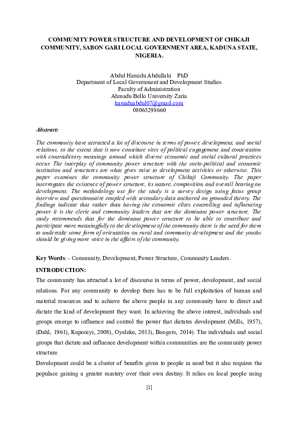 (DOC) COMMUNITY POWER STRUCTURE AND DEVELOPMENT OF CHIKAJI COMMUNITY ...