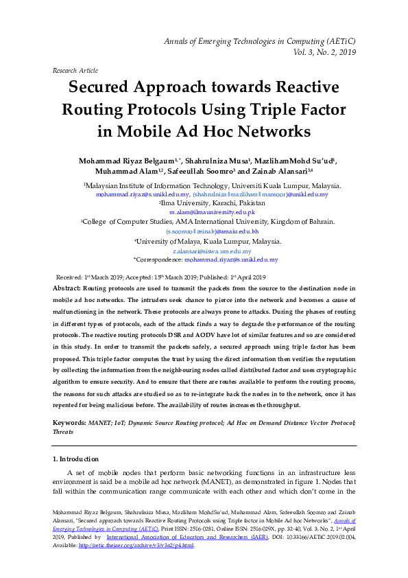 Pdf Secured Approach Towards Reactive Routing Protocols Using Triple Factor In Mobile Ad Hoc