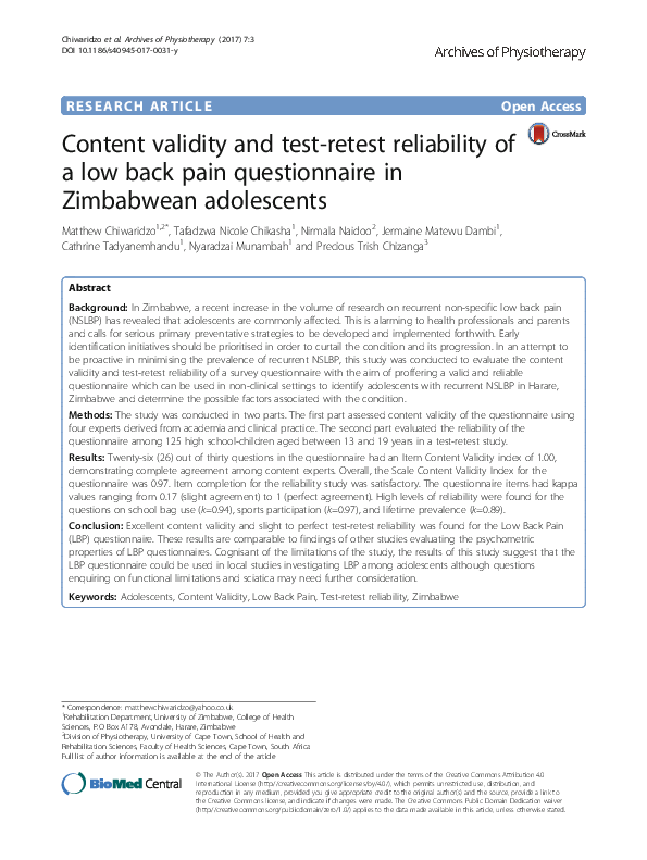 (PDF) Content validity and test-retest reliability of a low back pain ...
