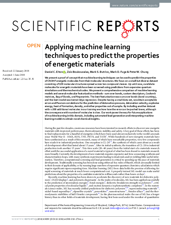 (PDF) Applying machine learning techniques to predict the properties of energetic materials