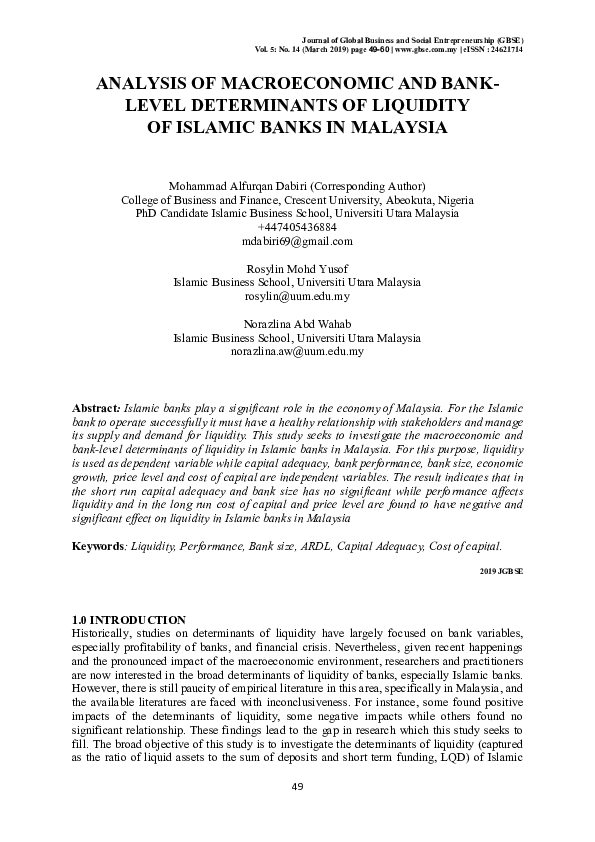 (PDF) ANALYSIS OF MACROECONOMIC AND BANK- LEVEL DETERMINANTS OF LIQUIDITY OF ISLAMIC BANKS IN ...