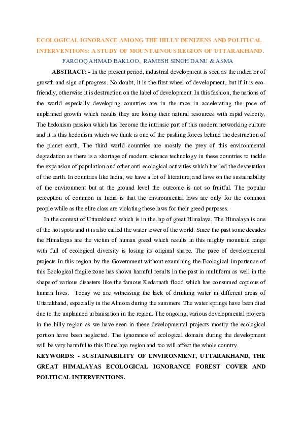 (PDF) ECOLOGICAL IGNORANCE AMONG THE HILLY DENIZENS AND POLITICAL ...