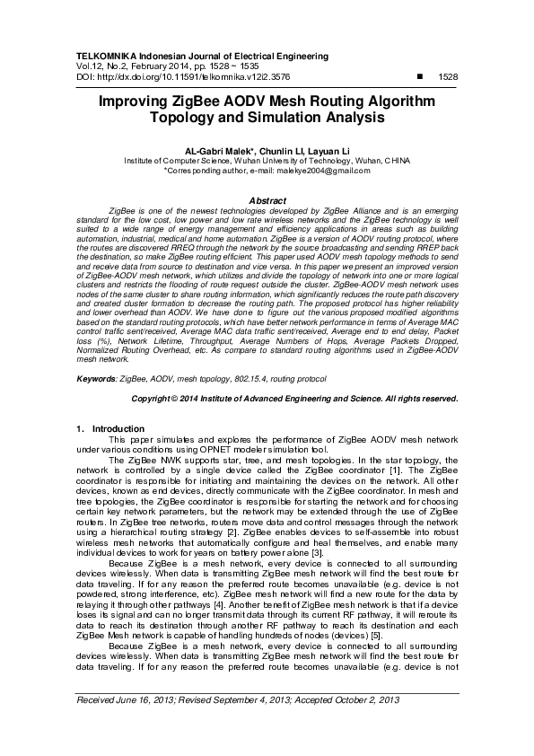 Pdf Improving Zigbee Aodv Mesh Routing Algorithm Topology And Simulation Analysis Malek