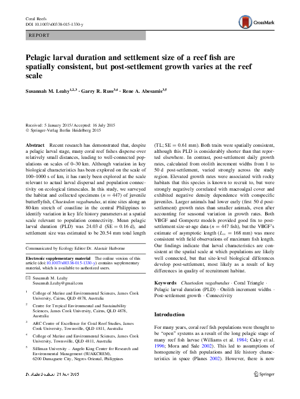 (PDF) Pelagic larval duration and settlement size of a reef fish are ...