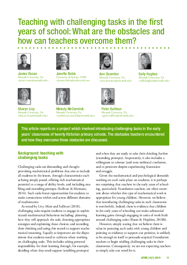 (PDF) Teaching with challenging tasks in the first years of school ...