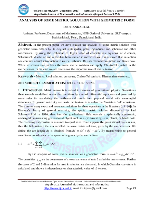 (PDF) ANALYSIS OF SOME METRIC SOLUTION WITH GEOMETRIC FORM