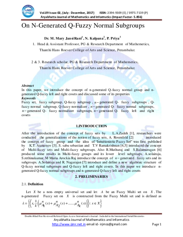 (PDF) On N-Generated Q-Fuzzy Normal Subgroups | Journal ijmr.net.in(UGC Approved) - Academia.edu