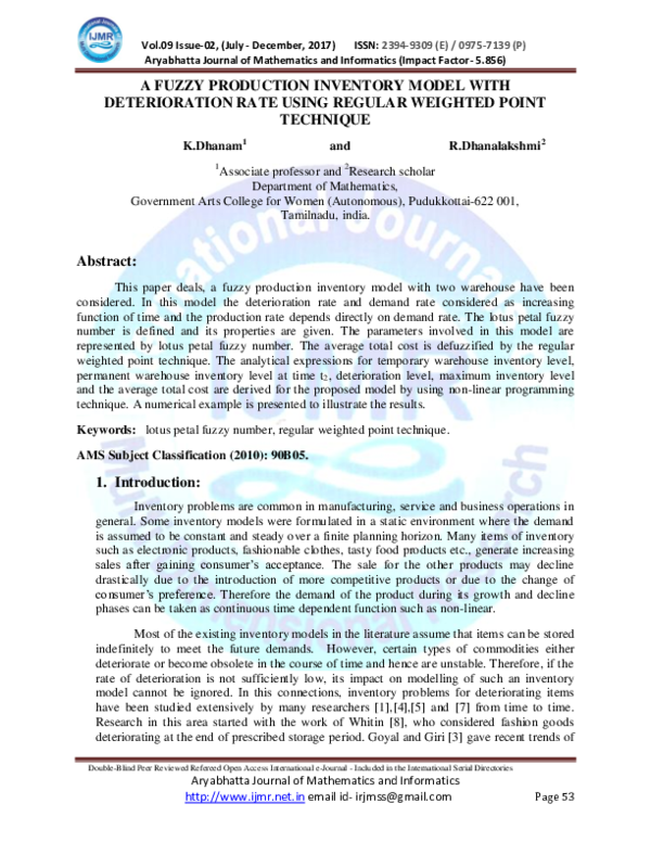 Pdf A Fuzzy Production Inventory Model With Deterioration Rate Using Regular Weighted Point