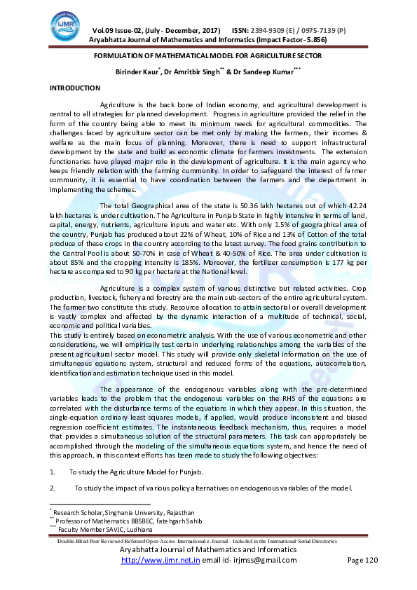 (PDF) FORMULATION OF MATHEMATICAL MODEL FOR AGRICULTURE SECTOR
