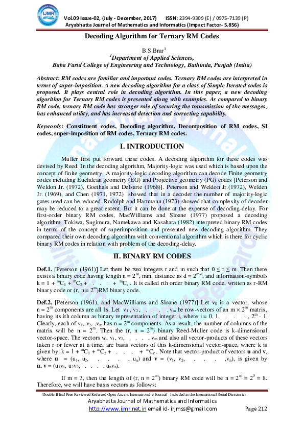 Pdf Decoding Algorithm For Ternary Rm Codes Ugc Approved