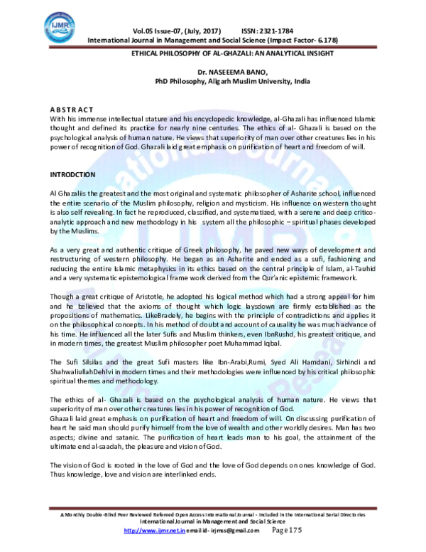 (PDF) ETHICAL PHILOSOPHY OF AL-GHAZALI: AN ANALYTICAL INSIGHT
