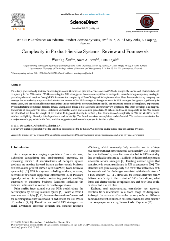 (PDF) Complexity in Product-Service Systems: Review and Framework