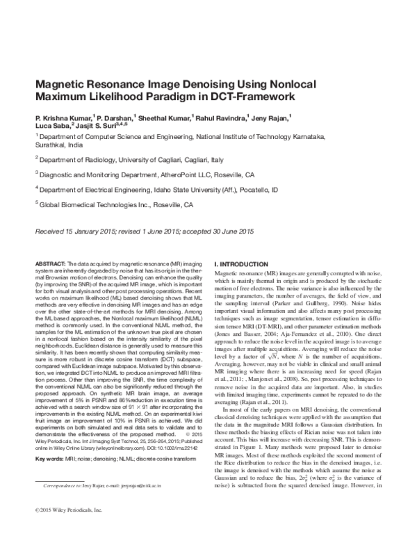 (PDF) Magnetic Resonance Image Denoising Using Nonlocal Maximum Likelihood Paradigm in DCT-Framework