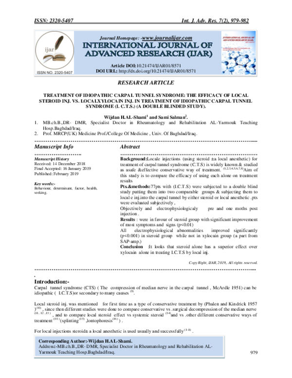 (PDF) TREATMENT OF IDIOPATHIC CARPAL TUNNEL SYNDROME: THE EFFICACY OF ...