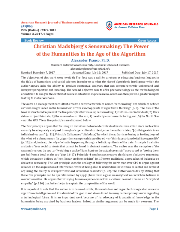 (PDF) Book Review Open Access CChristian Madsbjerg's Sensemaking: The Power of the Humanities in ...