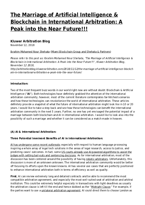 (PDF) The Marriage of Artificial Intelligence & Blockchain in International Arbitration: A Peek ...