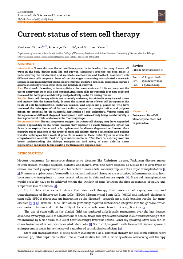 (PDF) Current status of stem cell therapy