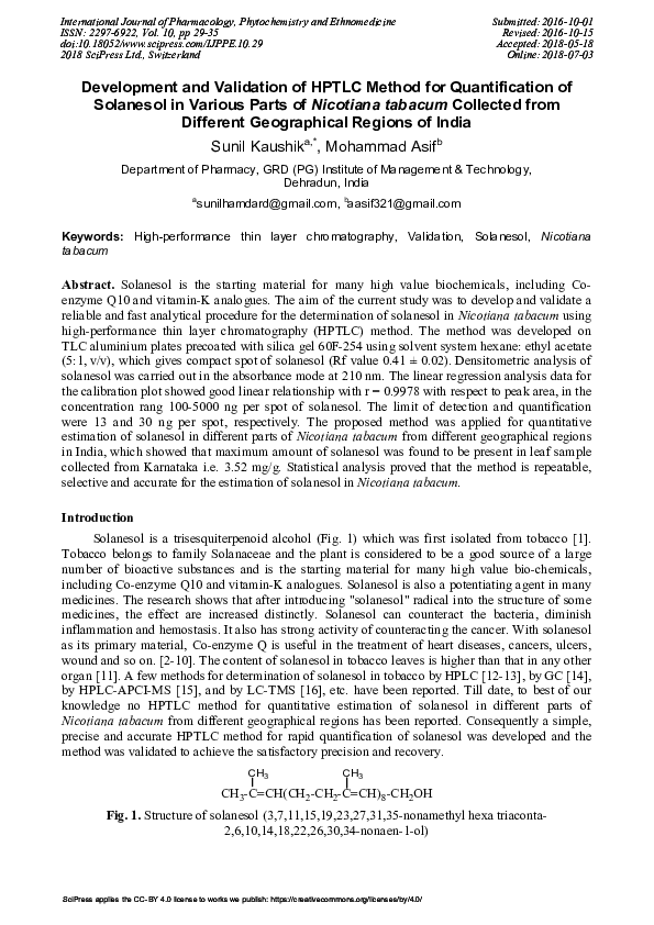 (PDF) Development and Validation of HPTLC Method for Quantification of Solanesol in Various ...