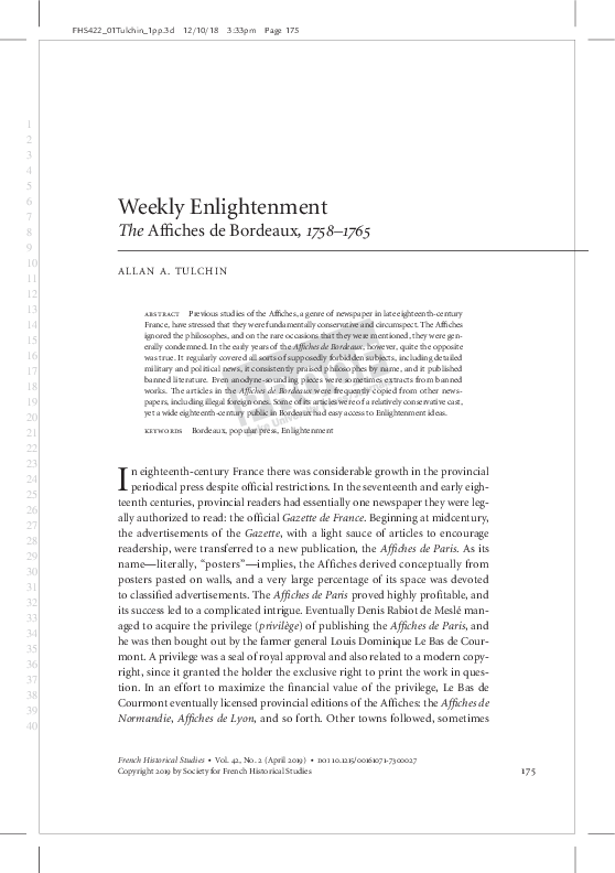 (PDF) Weekly Enlightenment: The Affiches de Bordeaux, 1758-1765
