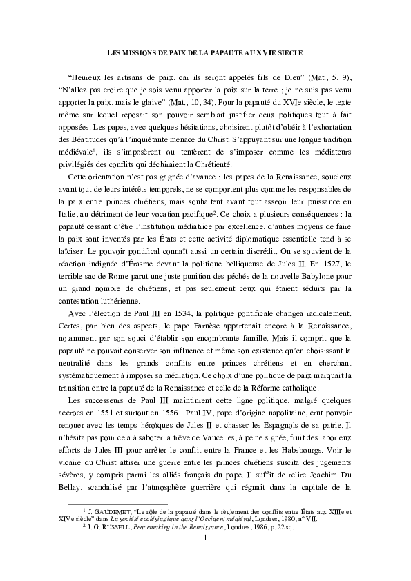 (PDF) « Les missions de paix de la papauté au XVIe siècle » dans ...
