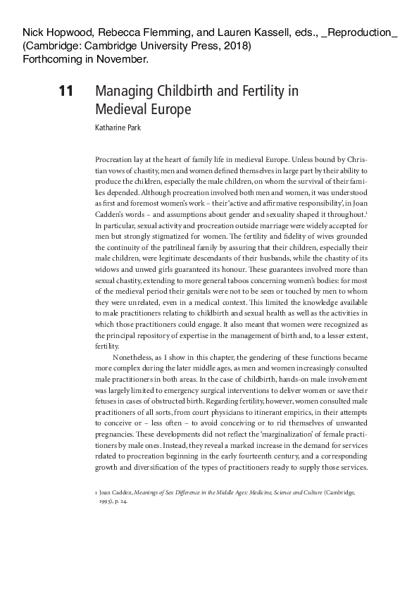 (PDF) Managing Childbirth and Fertility in Medieval Europe (proofs), in ...