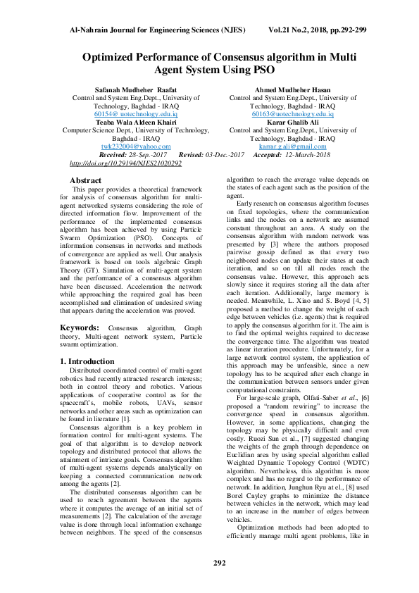 Pdf Optimized Performance Of Consensus Algorithm In Multi Agent System Using Pso 