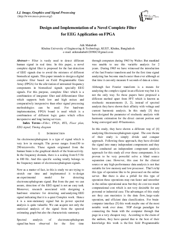 Pdf Design And Implementation Of A Novel Complete Filter For Eeg Application On Fpga