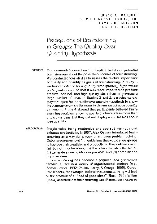 (PDF) Perceptions of Brainstorming in Groups: The Quality Over Quantity ...