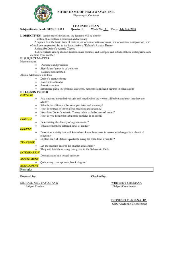 (DOC) Lesson Plan for GEN CHEM