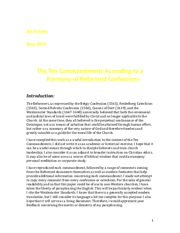Ten Commandments According To Reformed Confessions