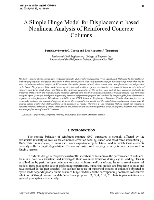 Pdf A Simple Hinge Model For Displacement Based Nonlinear Analysis Of