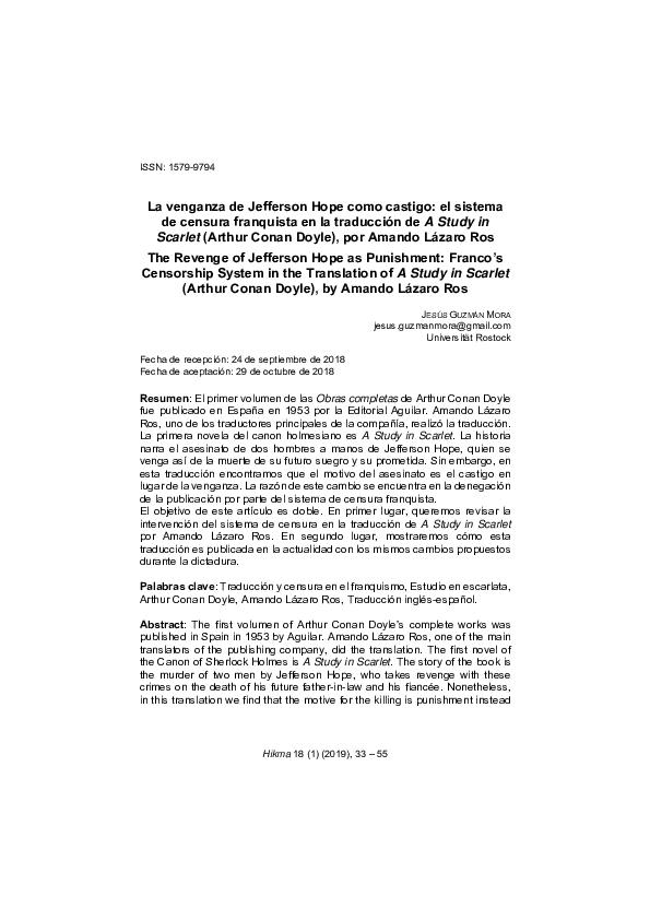 (PDF) La venganza de Jefferson Hope como castigo: el sistema de censura ...